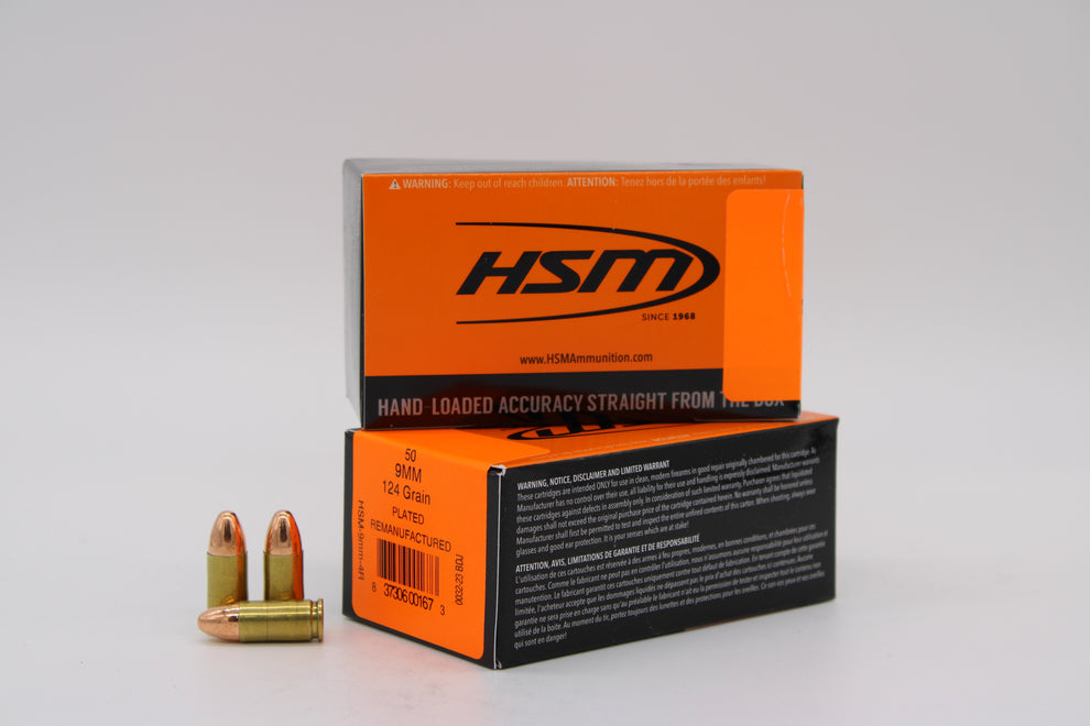 9mm Luger, 124gr, Plated RN, Remanufactured, 50 Rounds – HSM Ammunition